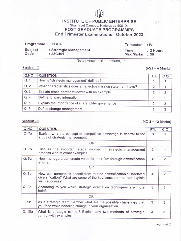 Strategic Management Exam Questions 2025 | PDF | Strategic Management ...