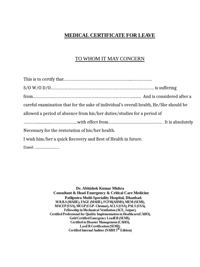 Medical Leave Certificate Template | PDF