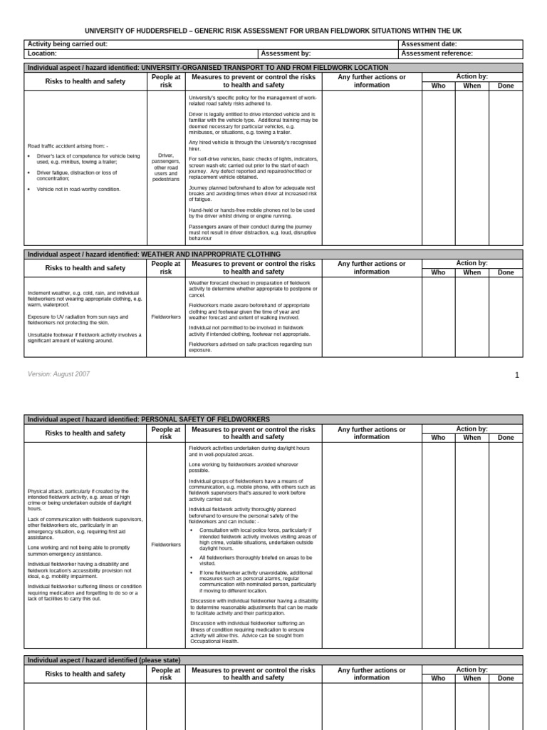Uk Urban Fieldwork Generic | PDF | Occupational Safety And Health | Risk