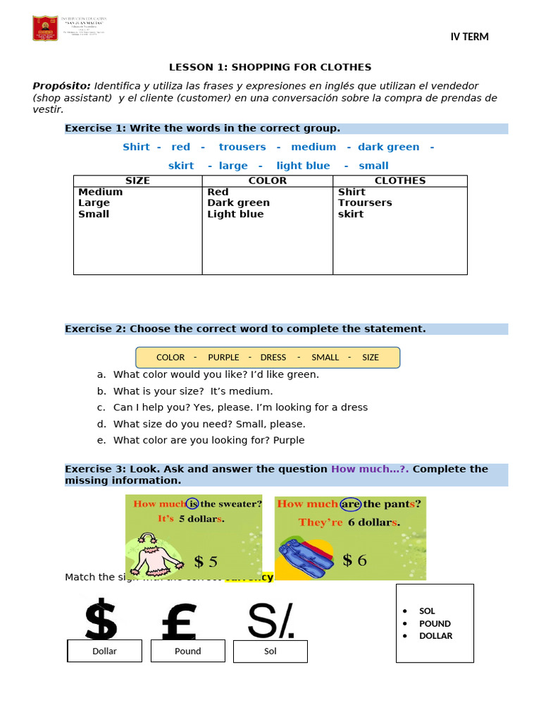 Cycle VI-lesson 1 SHOPPING FOR CLOTHES | PDF | Fashion | Clothing
