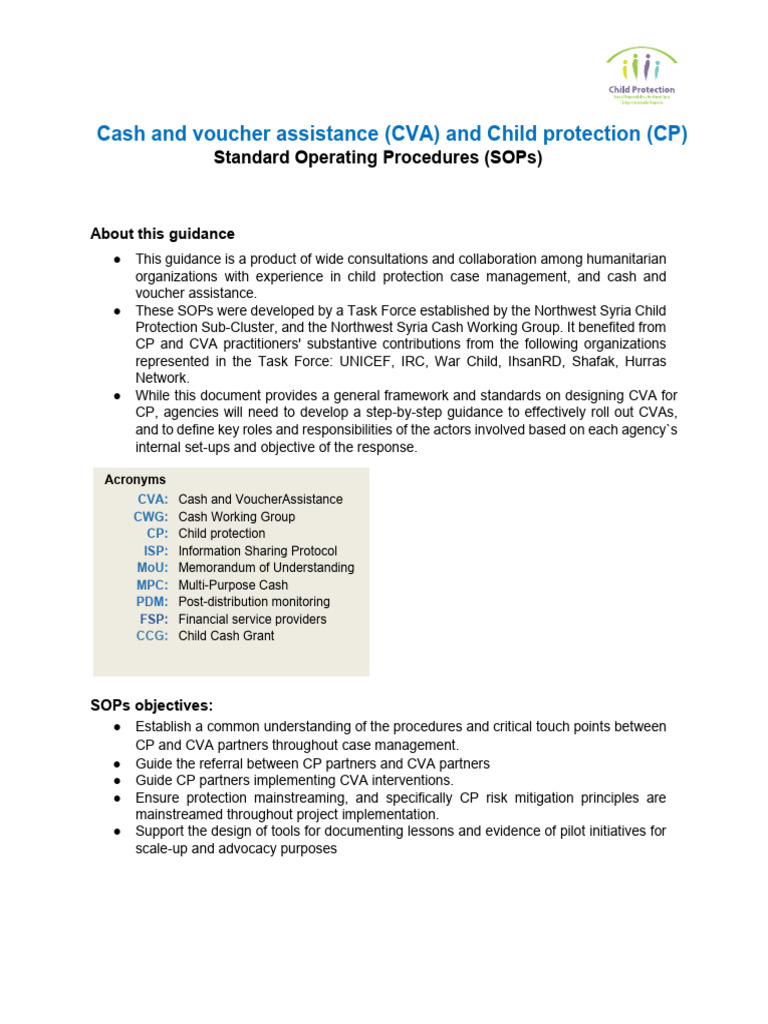 Cash and Voucher Assistance (CVA) and Child Protection (CP) SoP | PDF | Child Protection | Caregiver