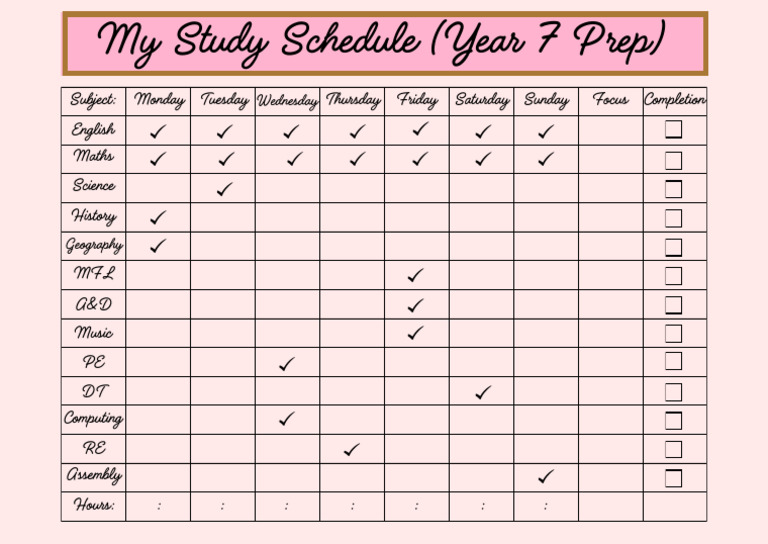 My Study Schedule (Year 7 Prep) | PDF