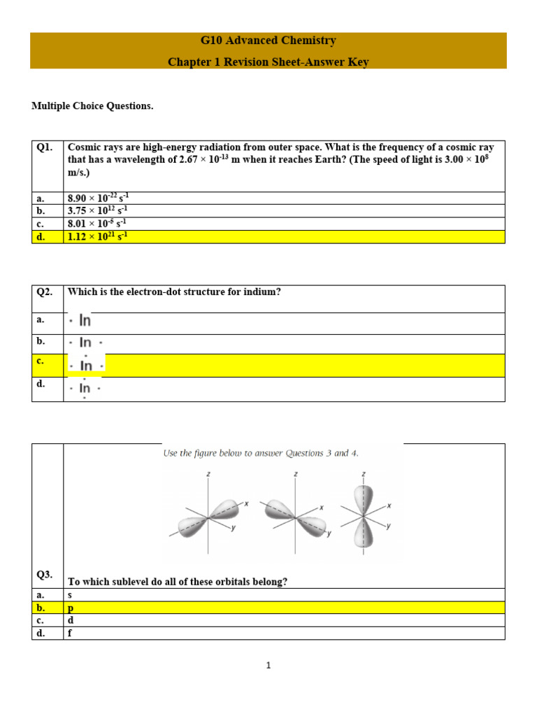G10 Advanced Chemistry Revision Materials Chapter 1 Answer Key | PDF | Atomic Orbital | Electron