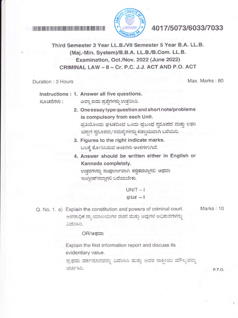 7th Sem Criminal - II CRPC Oct 2022 | PDF | Criminal Justice | Crime & Violence