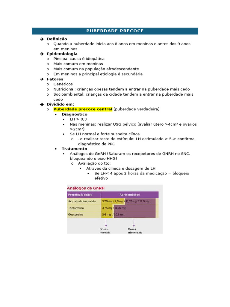 Puberdade Precoce: Causas e Tratamentos | PDF
