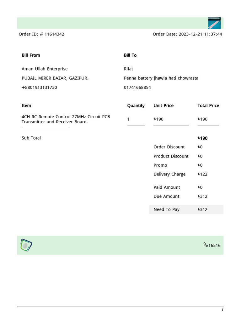 Pos Order Invoice 11614342 Report 1703137066 | PDF