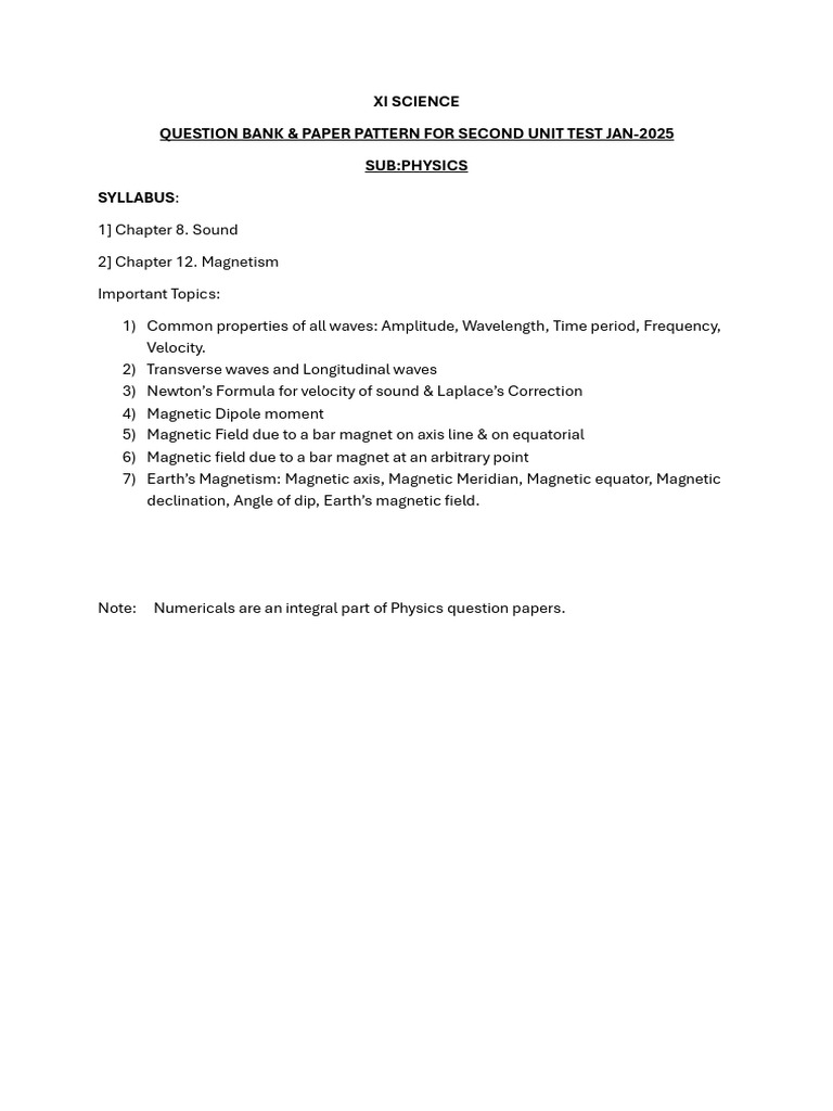 XI Physics Question Bank for Jan 2025 | PDF
