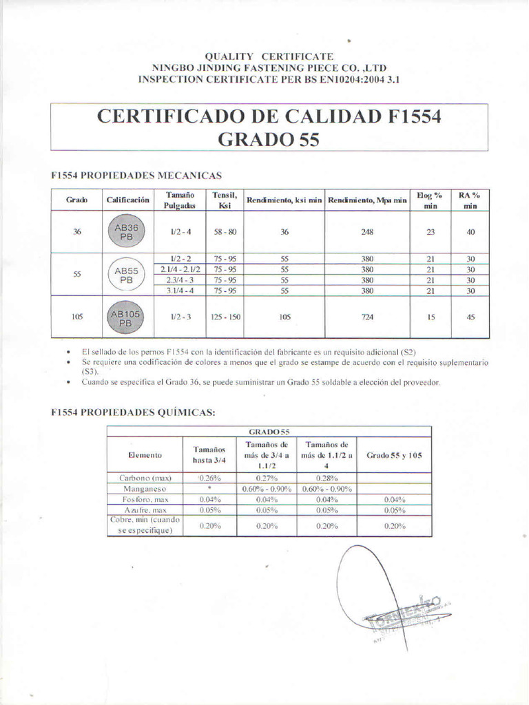 Certificado Perno f1554 GR 55 | PDF