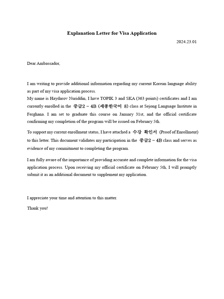 Explanation Letter For Visa Application | PDF