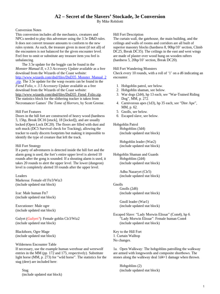 A2 - Secret of The Slavers' Stockade, 3.5e Conversion | PDF