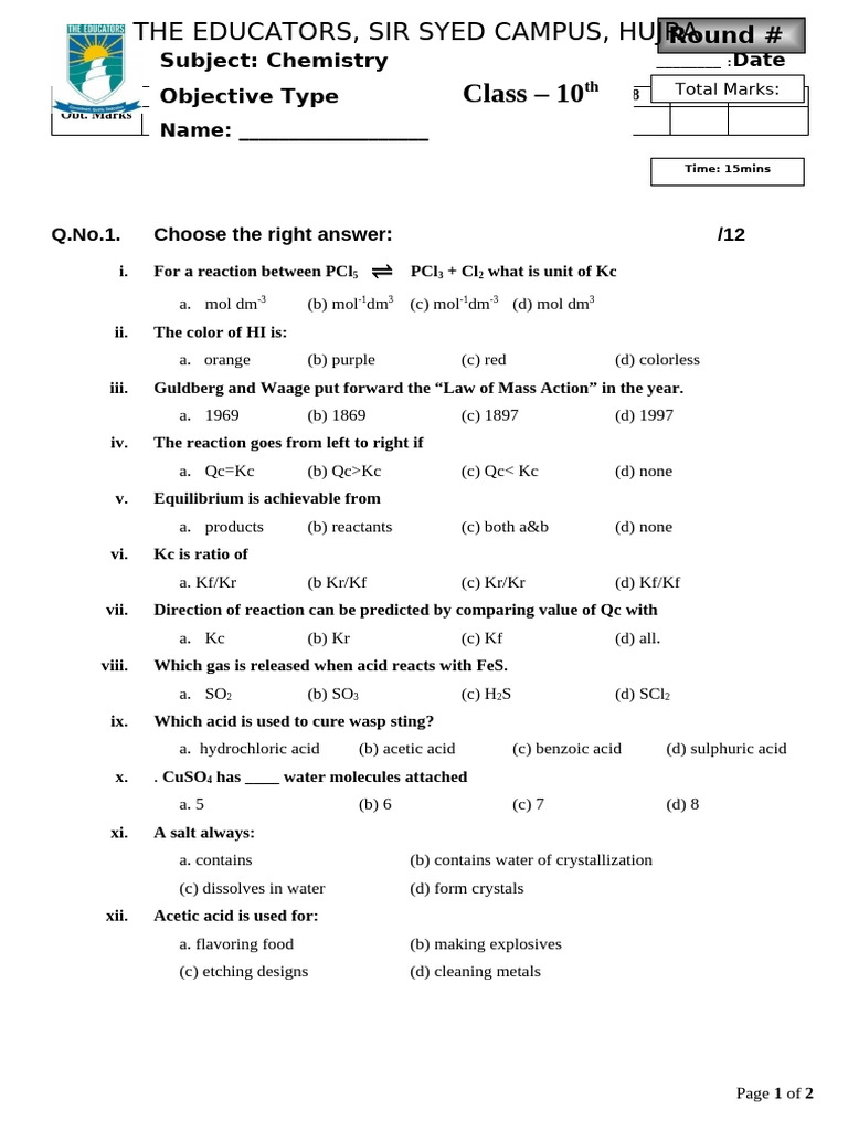 10th Grade Chemistry Exam Questions | PDF | Chemical Kinetics | Process ...