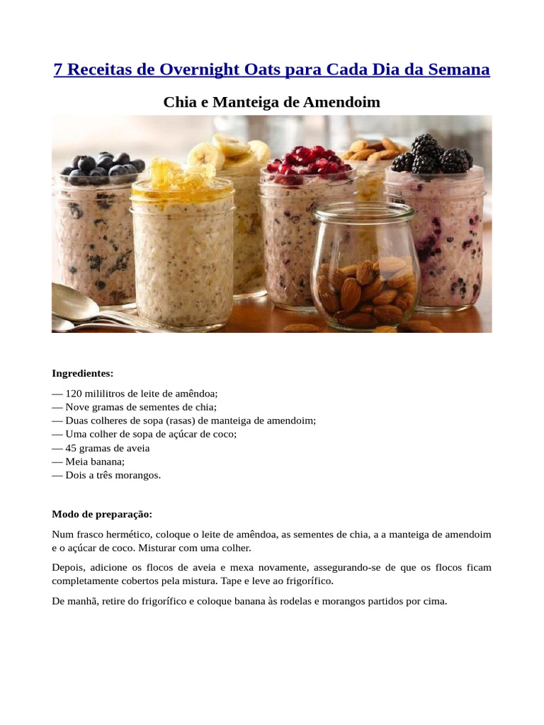 7 Receitas de Overnight Oats para Cada Dia da Semana | PDF | Alimentos | Culinária