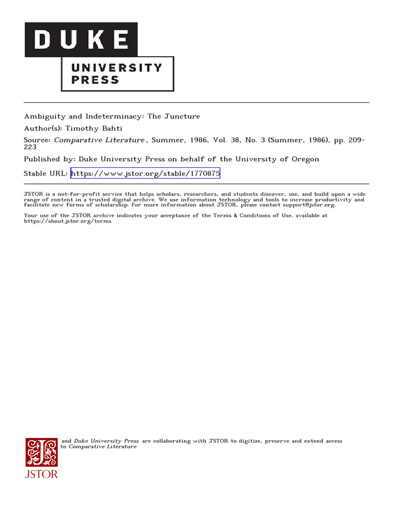 Bahti AmbiguityIndeterminacyJuncture 1986 | PDF | Ambiguity | Indeterminacy (Philosophy)