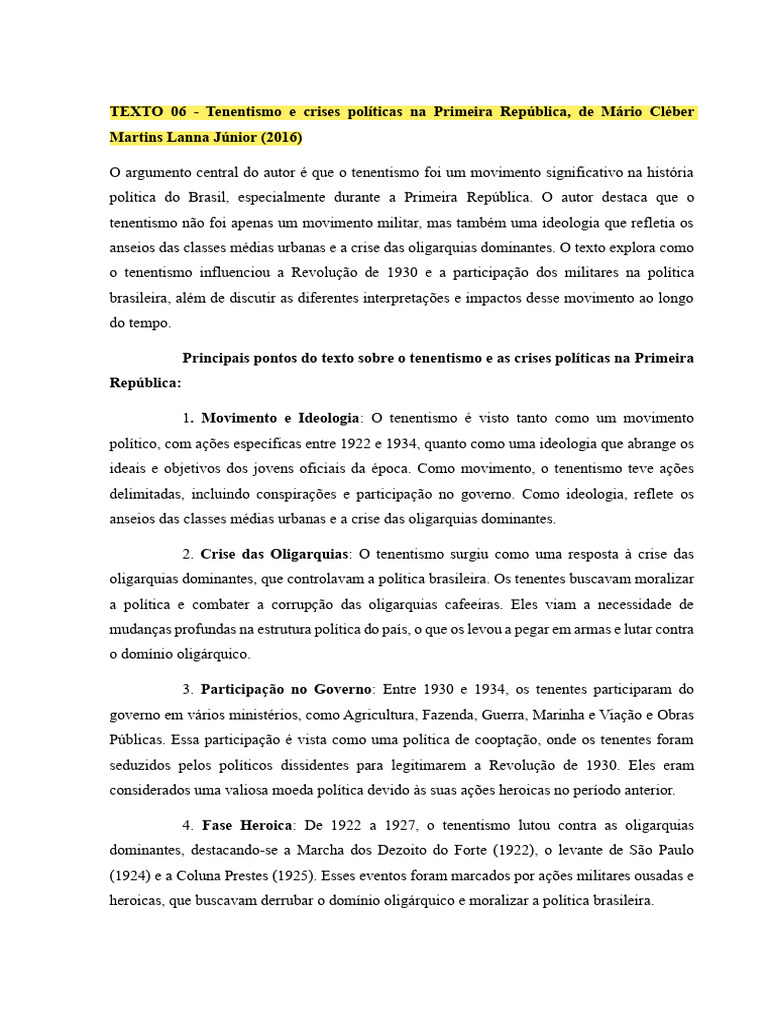 TEXTO 06 - Tenentismo e Crises Políticas Na Primeira República, de Mário Cléber Martins Lanna ...