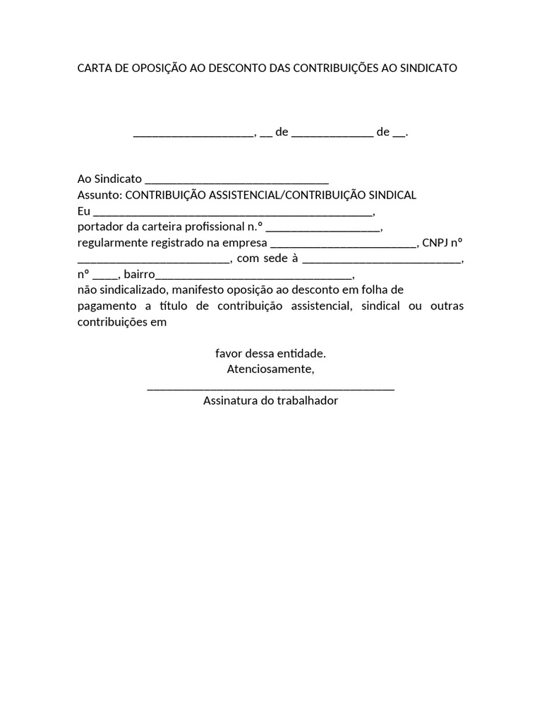 Carta de Oposição Ao Desconto Das Contribuições Ao Sindicato | PDF