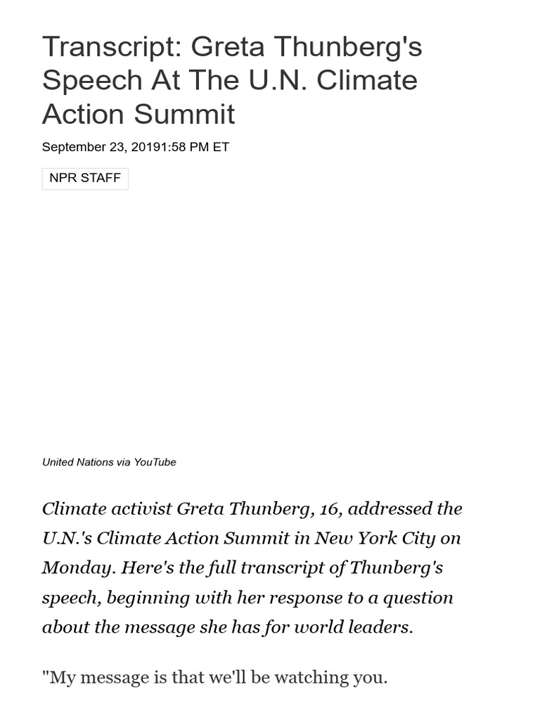 Greta Thunberg's U.N. Climate Speech | PDF | Climate Change | Earth Sciences