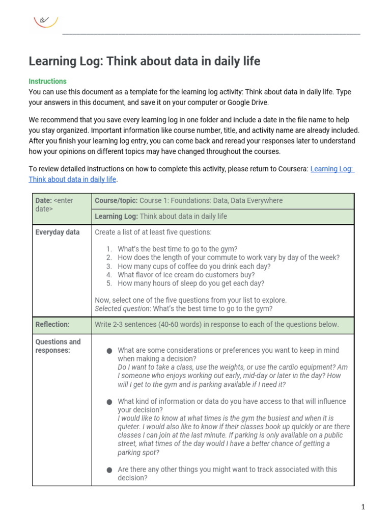 02-Example - Learning Log - Think About Data in Daily Life | PDF