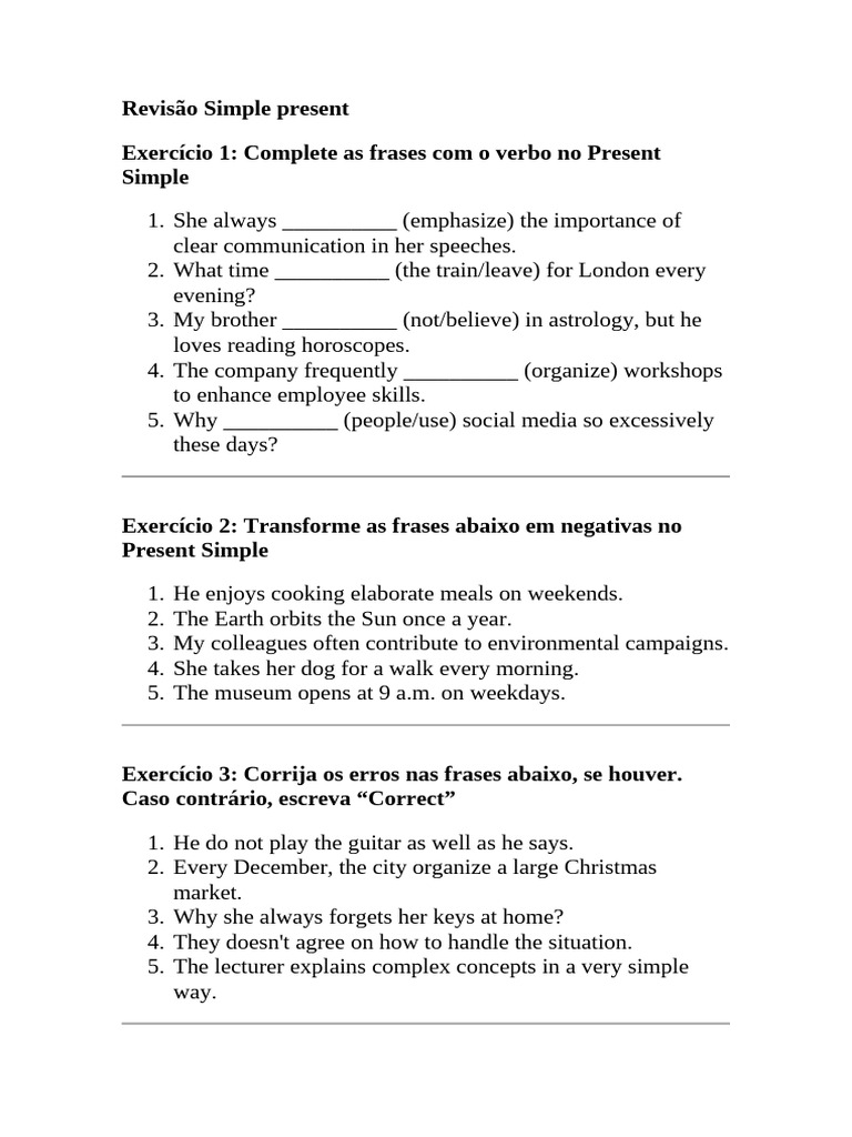 Exercícios de Revisão Simple Present e Verb To Be | PDF