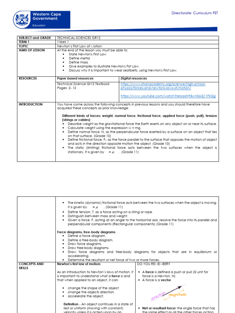 Technical Sciences Grade 12 Term 1 Week 1 - 2021 | PDF | Force | Inertia