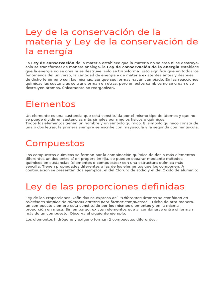 Ley de La Conservación de La Materia y Ley de La Conservación de La ...