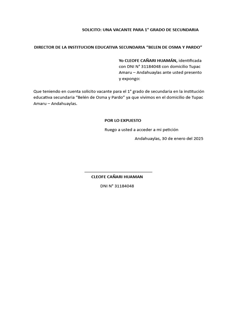 Solicitud de Vacante 1° Grado Secundaria | PDF