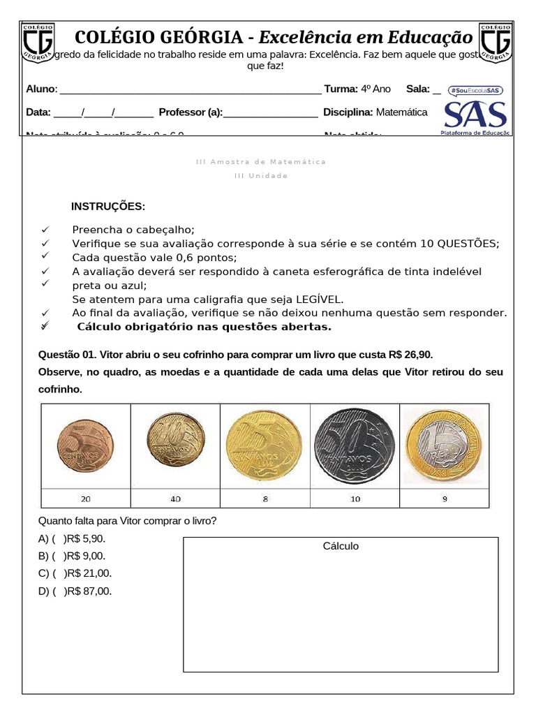 Amostra Do Teste de Matemática - III Unidade 4 Ano (a,b e c) | PDF