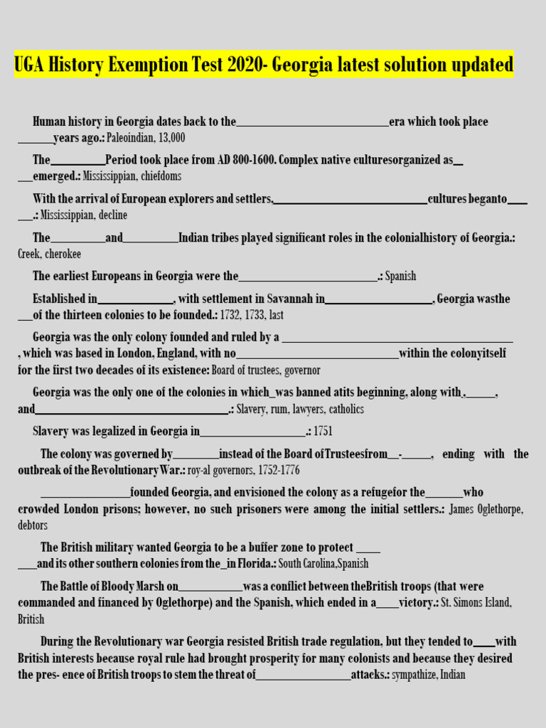 UGA History Exemption Test 2020- Georgia latest solution updated | PDF ...