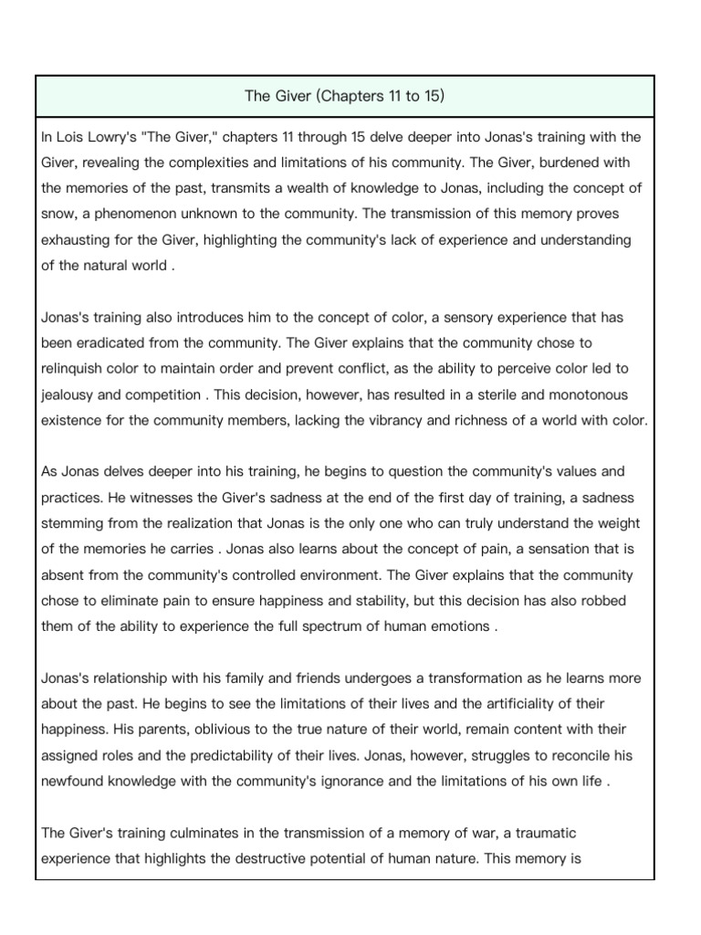 The Giver's Chapters 11 To 15 | PDF | The Giver | Experience
