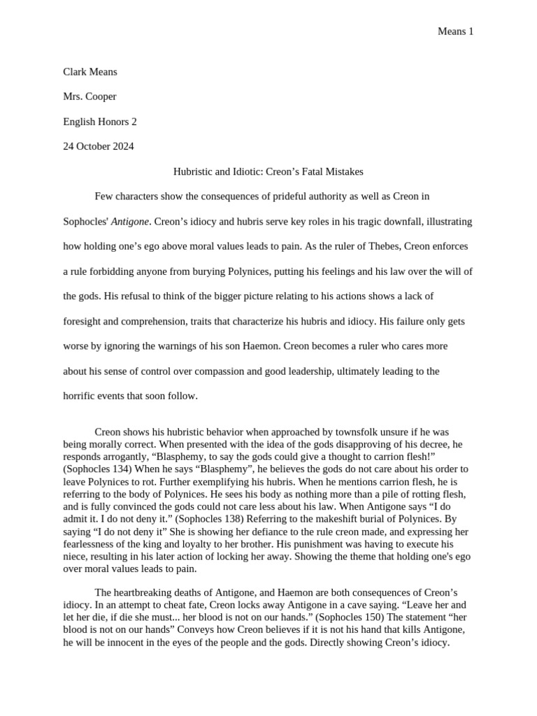 Antigone Essay | PDF | Theban Mythology