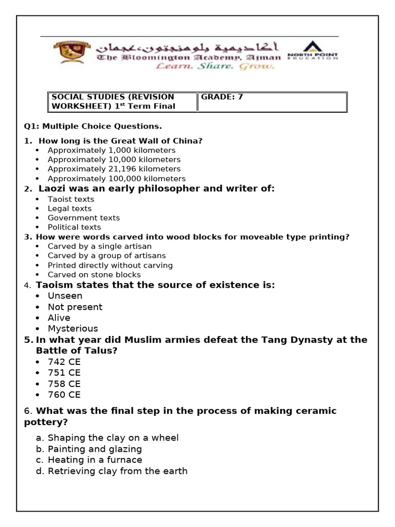 SST Na Grade7 & Final Revision Worksheet | PDF | China | World Politics