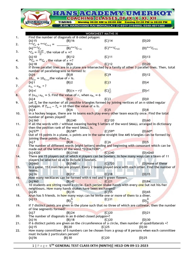 Maths XI Worksheet | PDF | Polytopes | Geometry