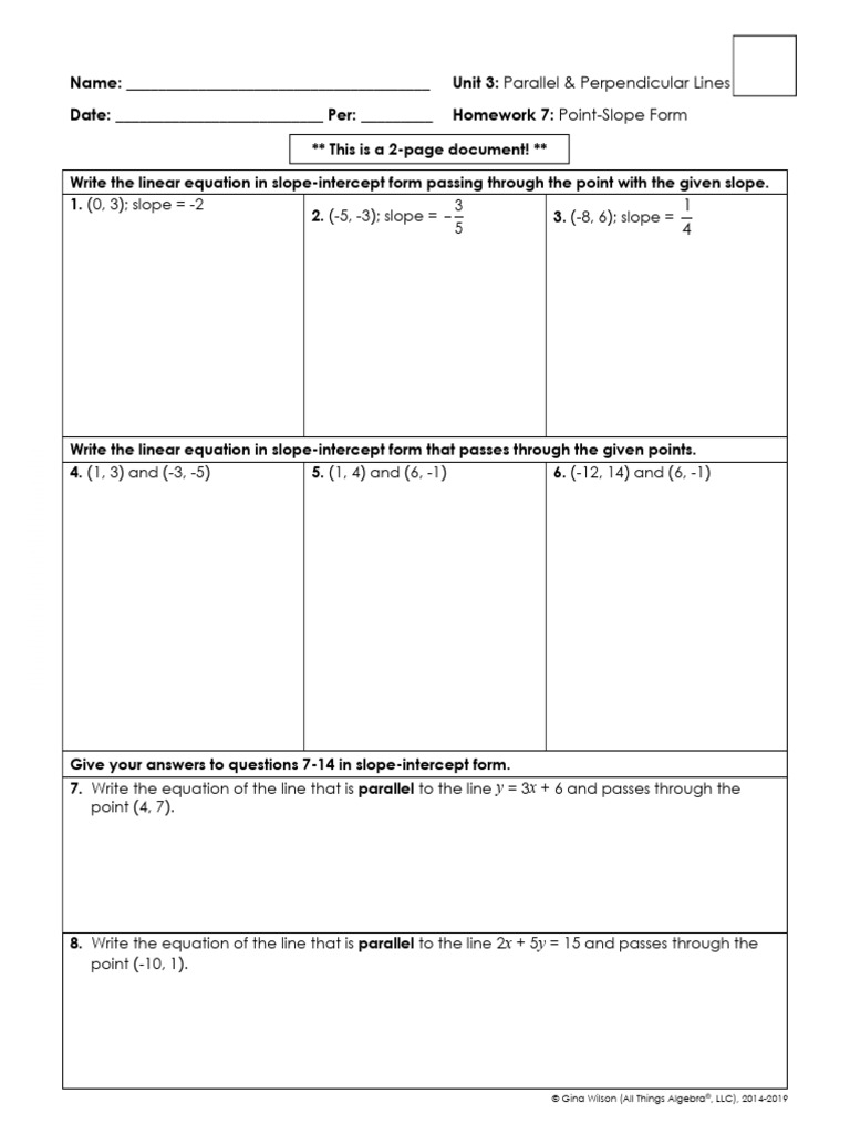 3.5 Point-Slope Form of A Line CW | PDF | Equations | Geometry