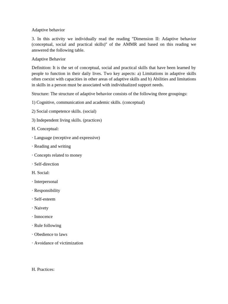 Adaptive Behavior (Conceptual, Social, and Practical Skills) | PDF