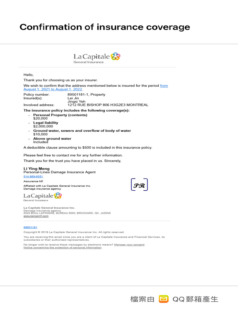 Confirmation of Insurance Coverage | PDF