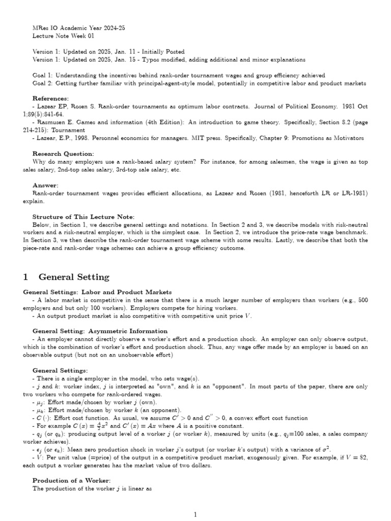 AY24-25 MRes IO Lecture Note Week01 Version2 Updated On 2025 01 15 | PDF | Employment | Piece Work