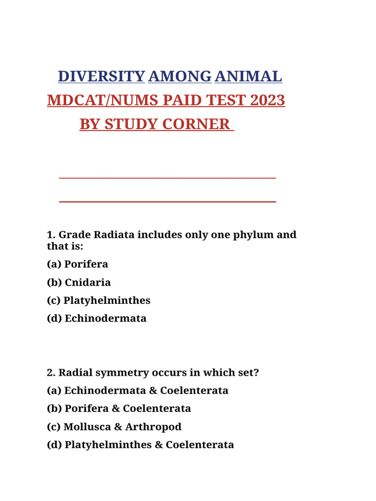 Diversity Among Animal Mcqs Mdcat Nums Paid Test by Study Corner | PDF ...