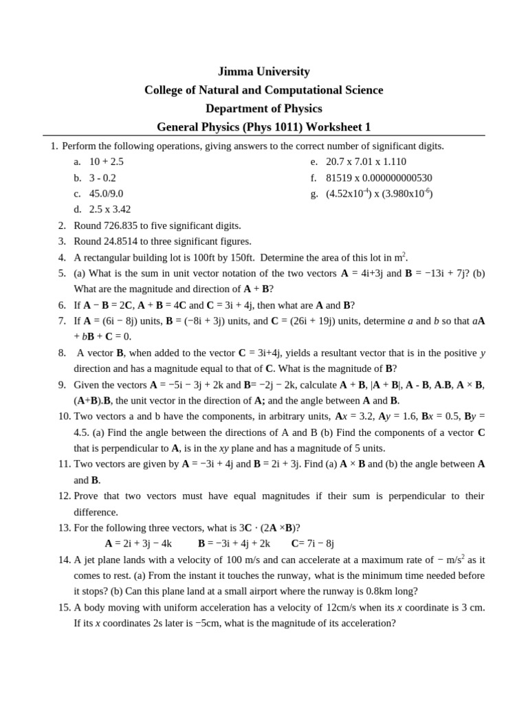 worksheet 1 phys 1011 | PDF | Physics | Classical Mechanics