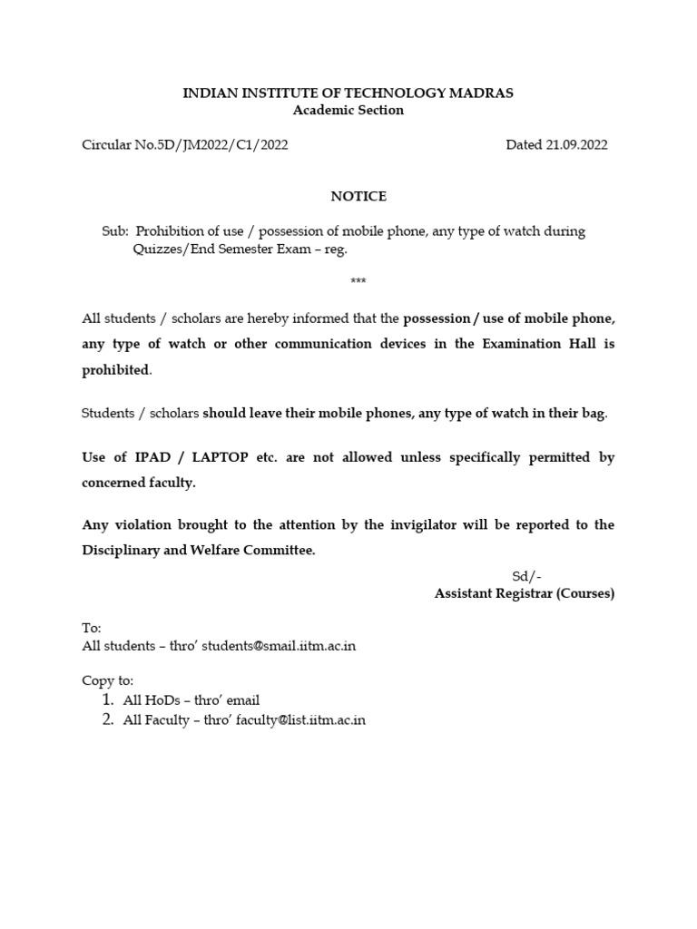 Courses - Circulars - Cir. 5D - Prohibition of Mobile Phone | PDF