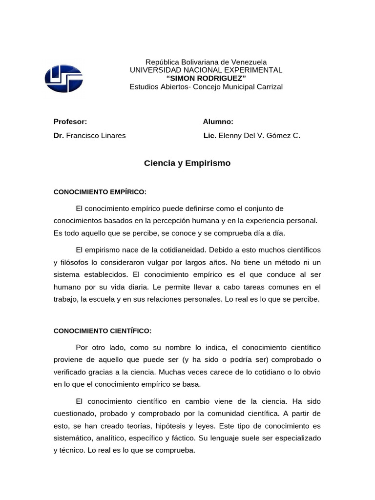 Ensayo Ciencia y Empirismo | PDF | Conocimiento | Empirismo