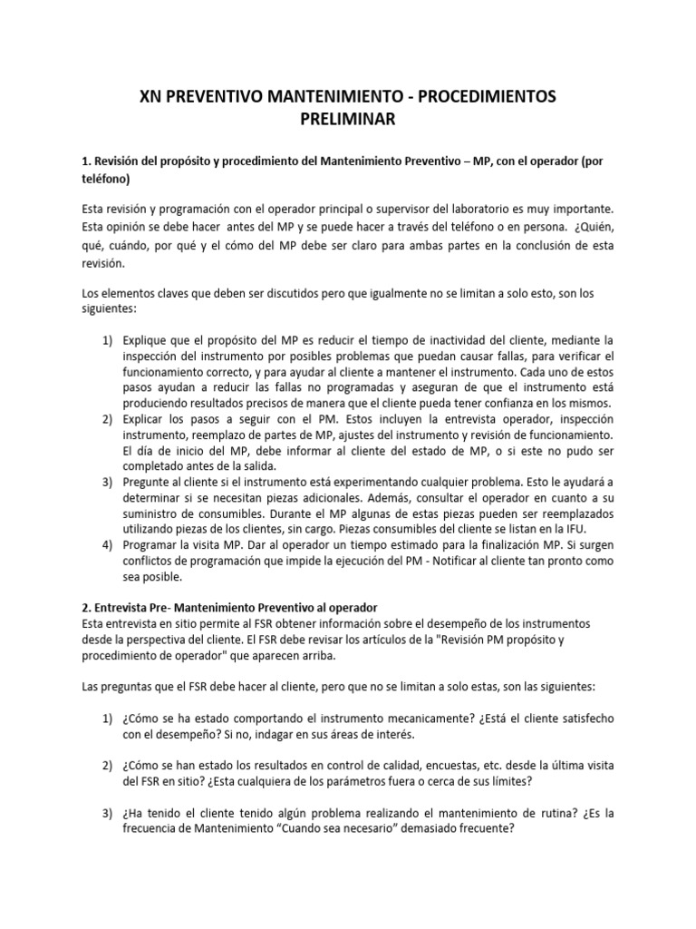 Preventive Maintenance XN Procedures - Español | PDF