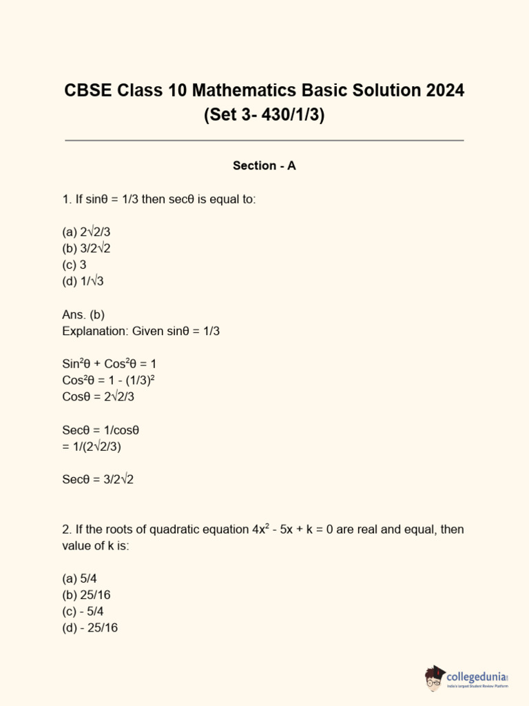 CBSE Class 10 Mathematics Basic Solution 2024 Set 3 430 1 3 | PDF | Probability | Mean