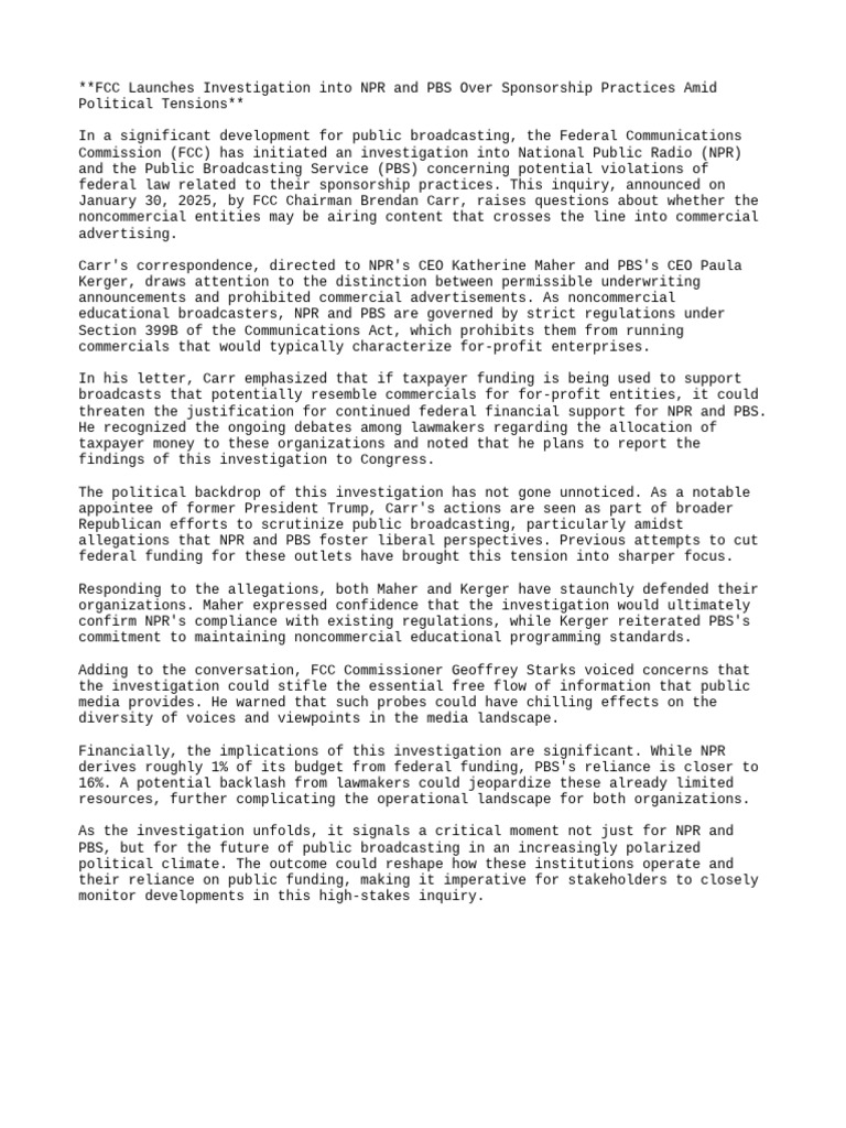 Report FCC Investigating NPR PBS | PDF | Npr | Federal Communications ...
