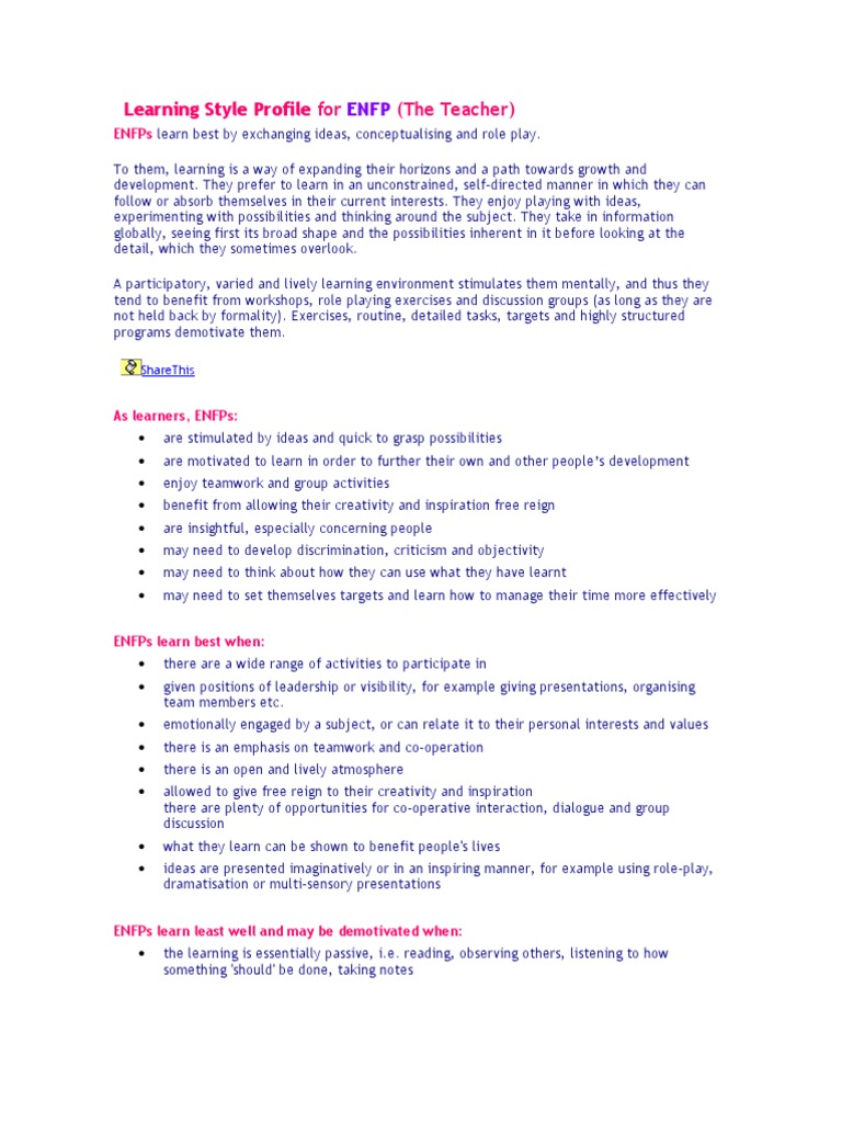 Learning Style Profile For ENFP | PDF | Learning Styles | Creativity