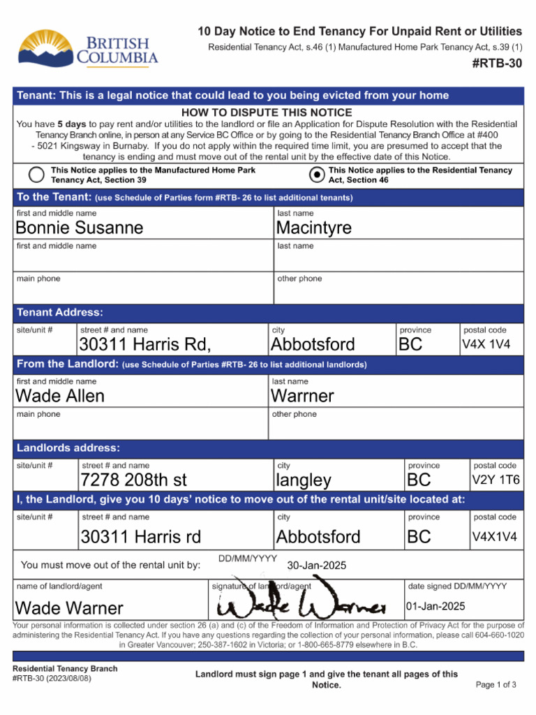 10 Day Notice to End Tenancy RTB -30.Inddbon | PDF