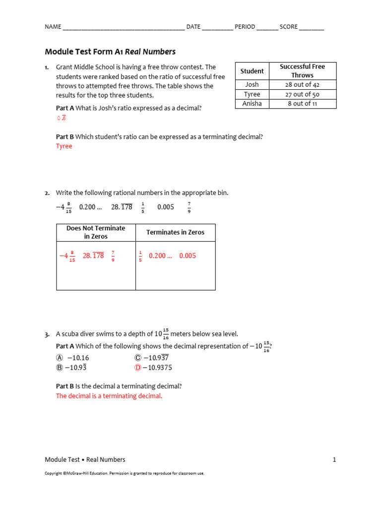 Chapter 2 Test Course 3 Form A1 Answers | PDF | Numbers | Rational Number