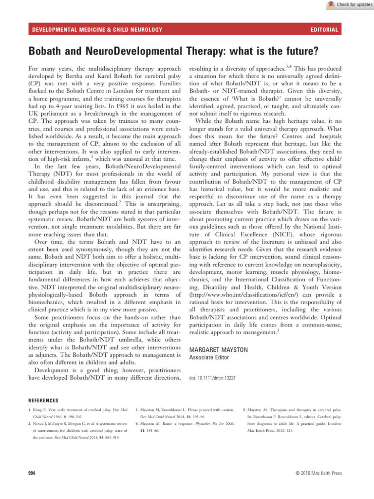 Develop Med Child Neuro - 2016 - Mayston - Bobath and NeuroDevelopmental Therapy What Is The ...
