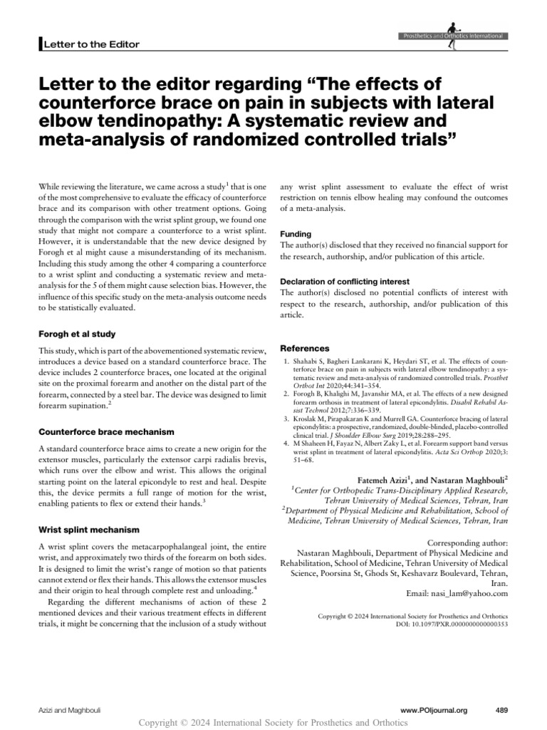 Letter To The Editor Regarding "The Effects of Counterforce Brace On Pain in Subjects With ...