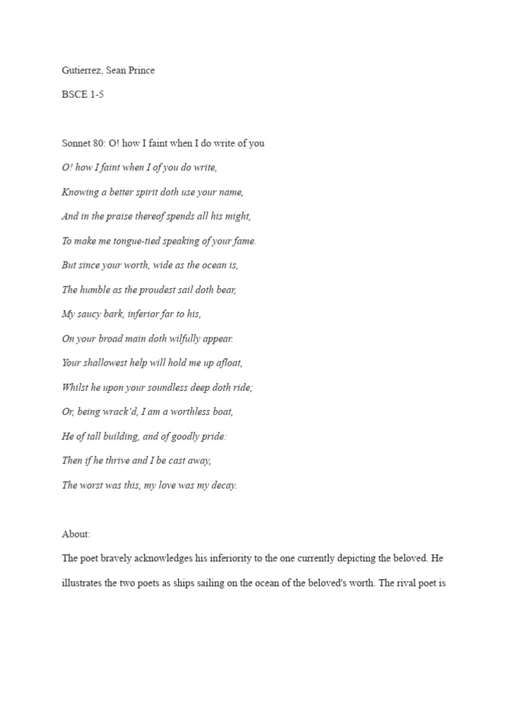 Sonnet 80_ O! how I faint when I do write of you | PDF