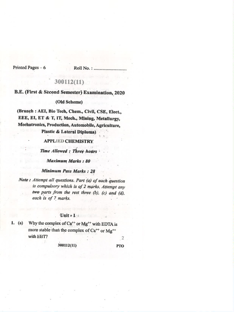 Be 1 Sem Applied Chemistry 300112 2020 | PDF
