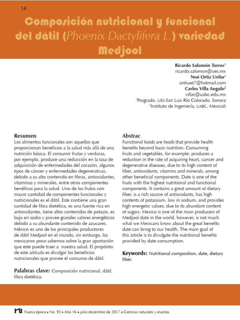 Composicion Nutricional y Funcional Del Fruto Del Datil | PDF ...